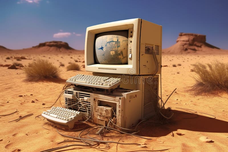 An Old Broken Computer in the Desert. Generative AI Stock Illustration ...