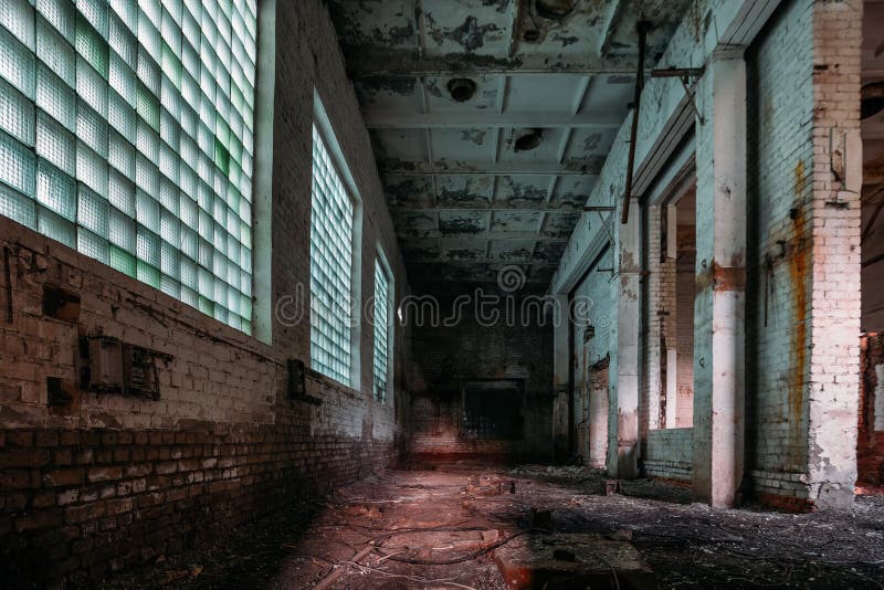 Old Broken Empty Abandoned Industrial Building Interior Stock Photo ...
