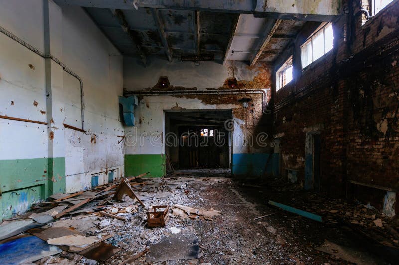 Old Broken Empty Abandoned Industrial Building Interior Stock Photo ...