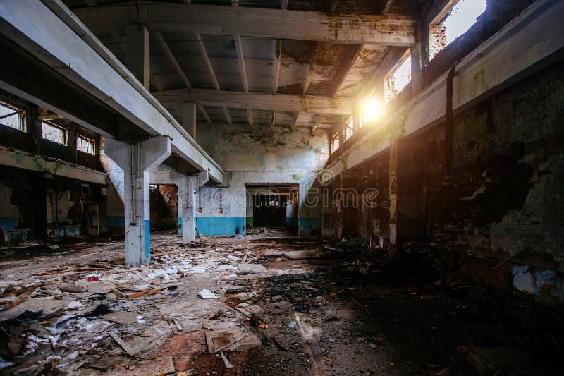 Old Broken Empty Abandoned Industrial Building Interior Stock Photo ...