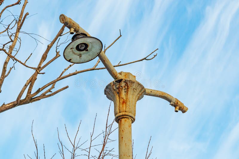 Old Broken Lamp Post and Tree Branches. Retro Light Pole Close Up Stock ...