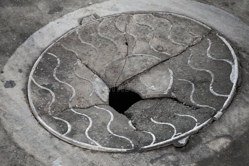 Old Broken Manhole Cover on Dirty Asphalt Stock Image - Image of danger ...