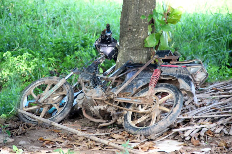 Old Broken Motorcycle Near a Tree Stock Image - Image of recycling ...