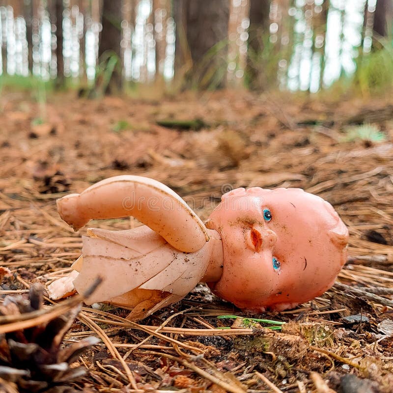 An Old Broken Plastic Doll Lies in the Woods Stock Photo - Image of ...