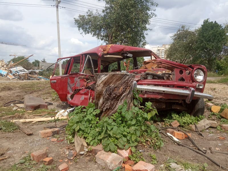 Old Broken Red Car, Crashed and Abandoned Car after an Accident Stock ...