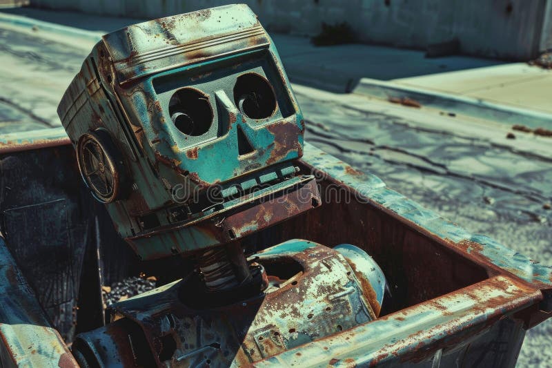 Old Broken Robot Looking Sad Lying Down in Dumpster Stock Image - Image of wastefulness ...