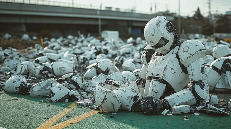 Old Broken Robots on a Green Field. Abandoned Old Robots in a Landfill Stock Photo - Image of ...