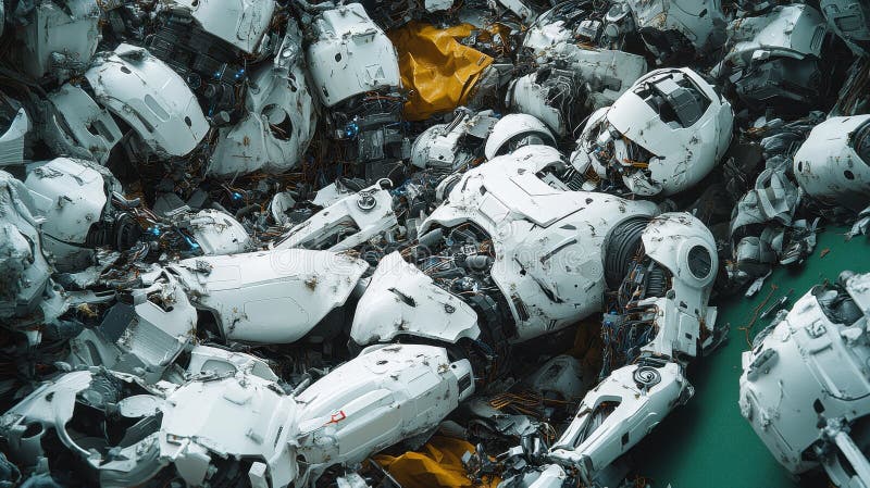 Old Broken Robots on a Green Field. Abandoned Old Robots in a Landfill ...