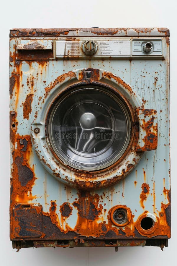 Old, Broken Washing Machine Covered in Rust Against White Background ...