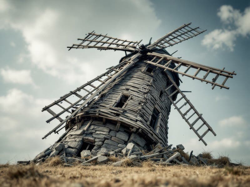 Old Broken Windmill Collapsing Under Cloudy Sky Stock Image - Image of ...