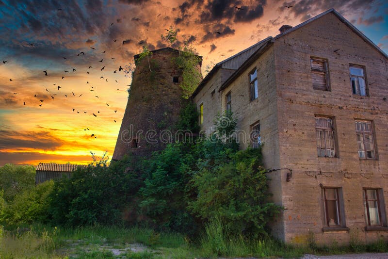 Old Broken Windmill in Dramatic Sunset Stock Image - Image of light ...