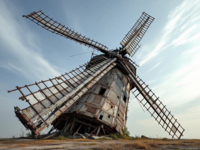 Old Broken Windmill Falling Apart Under Blue Sky Stock Photo - Image of ...