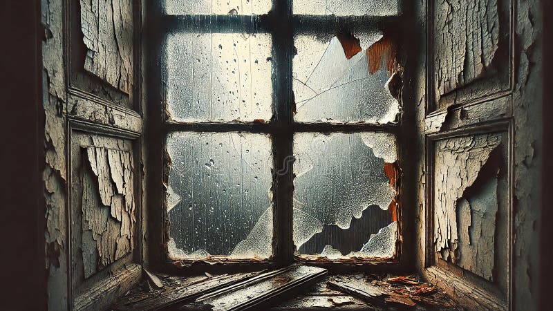 Old Broken Window with Rain Drops Falling on the Glass Stock ...