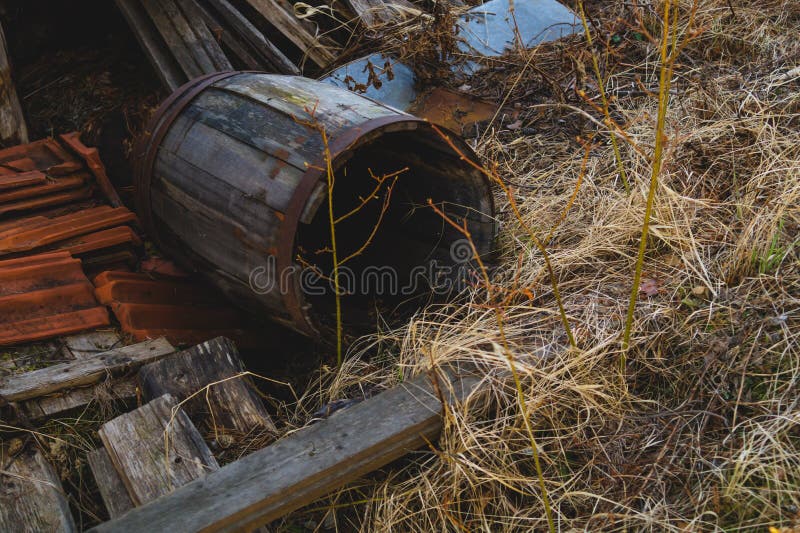 Old Broken Wooden Barrel in the Yard Stock Image - Image of container ...