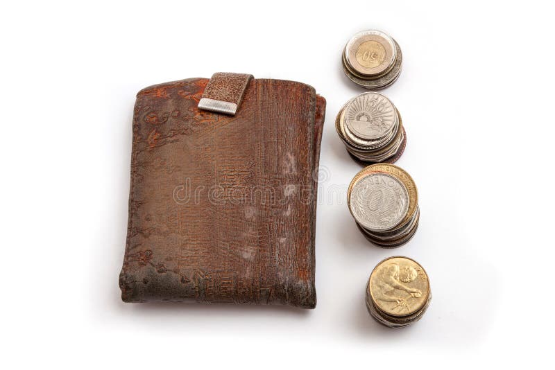 Old brown purse with coins stock photo. Image of open - 177858968