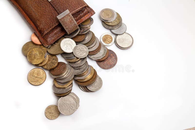 Old brown purse with coins stock photo. Image of open - 177858968