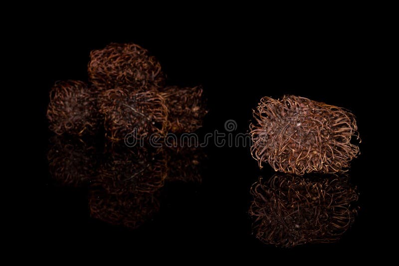 Old Brown Rambutan Isolated on Black Glass Stock Photo - Image of five ...