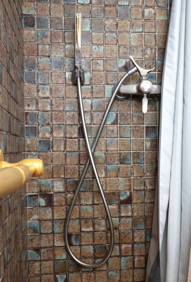 Old Brown Shower with a Curtain Stock Photo - Image of sprinkler, olden ...