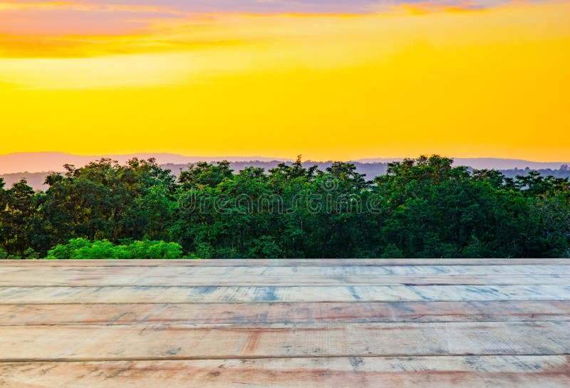 Old Brown Wooden Table Green Forest Backdrop Distant Mountains Orange ...