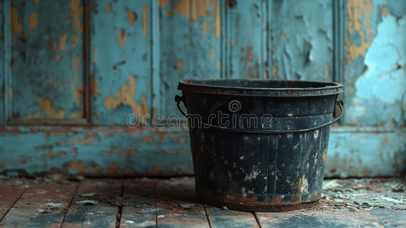 Old Bucket in a Weathered Room with Peeling Blue Paint Stock Image ...