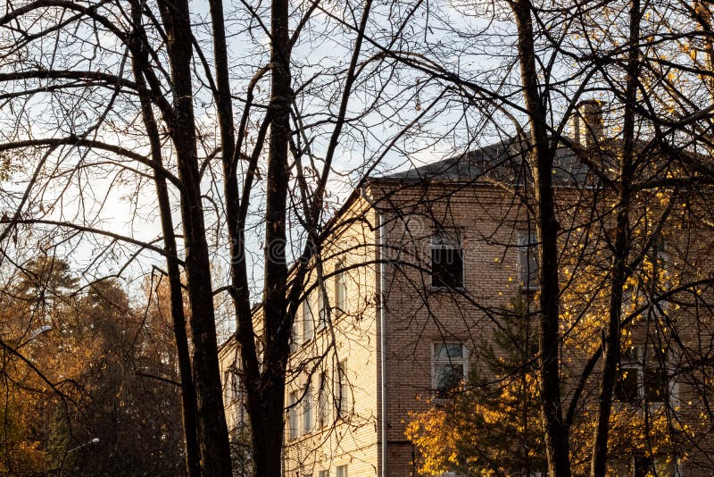 Old Building among Autumn Trees in Sunlight Stock Image - Image of ...