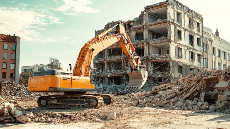 Old Building Demolition in Progress with Excavator Against Urban ...