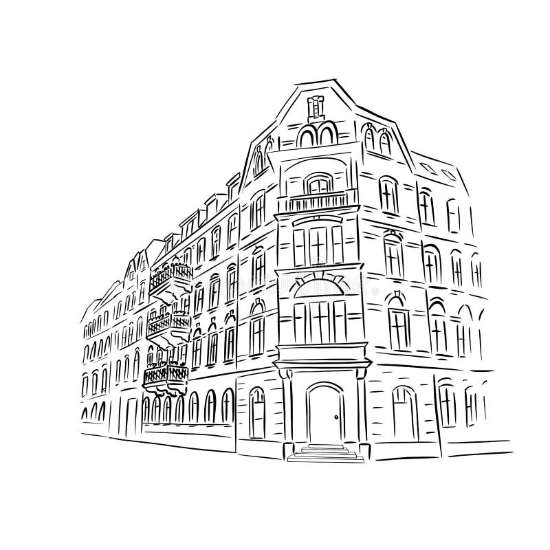 An Old Building Drawn in Perspective. Linear Illustration Stock Vector ...