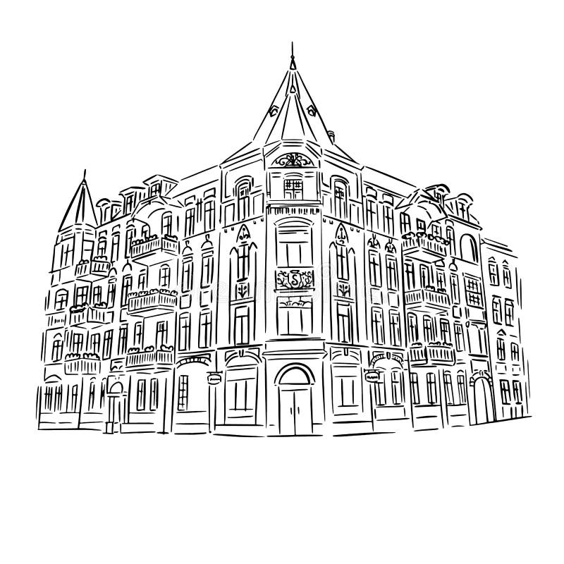 An Old Building Drawn in Perspective. Linear Illustration Stock Vector ...