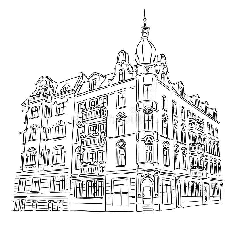 An Old Building Drawn in Perspective. Linear Illustration Stock Vector ...