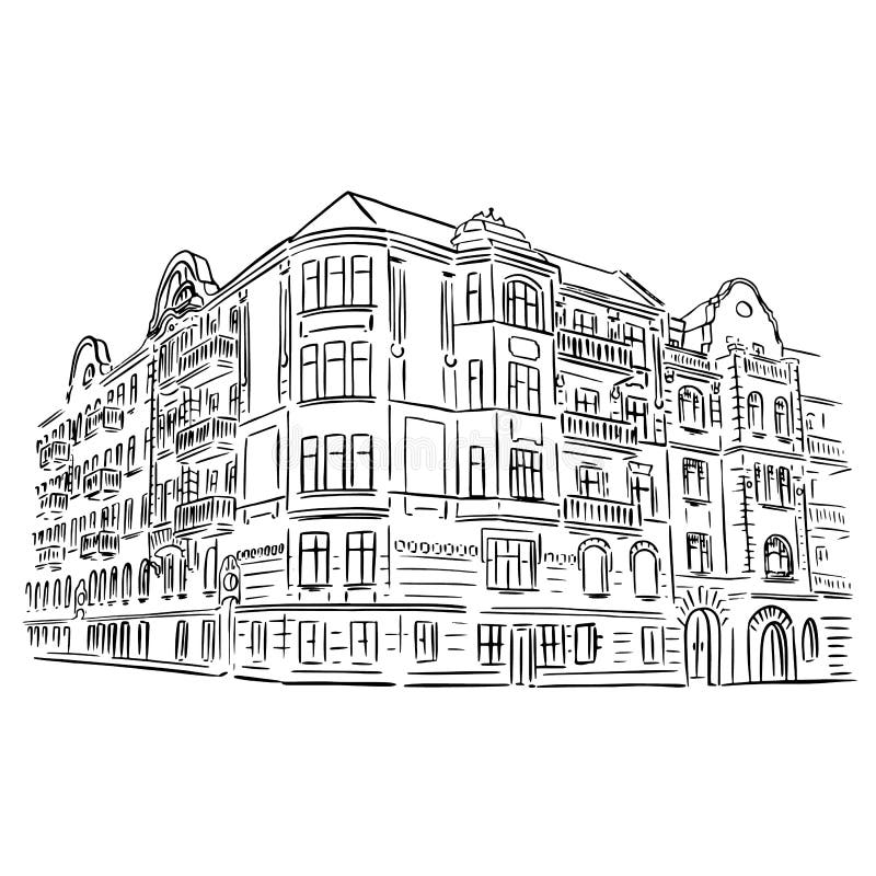 An Old Building Drawn in Perspective. Linear Illustration Stock Vector ...