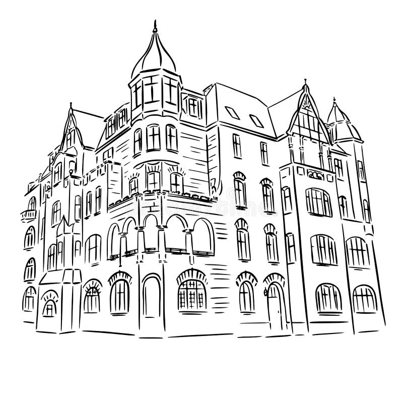An Old Building Drawn in Perspective. Linear Illustration Stock Vector ...