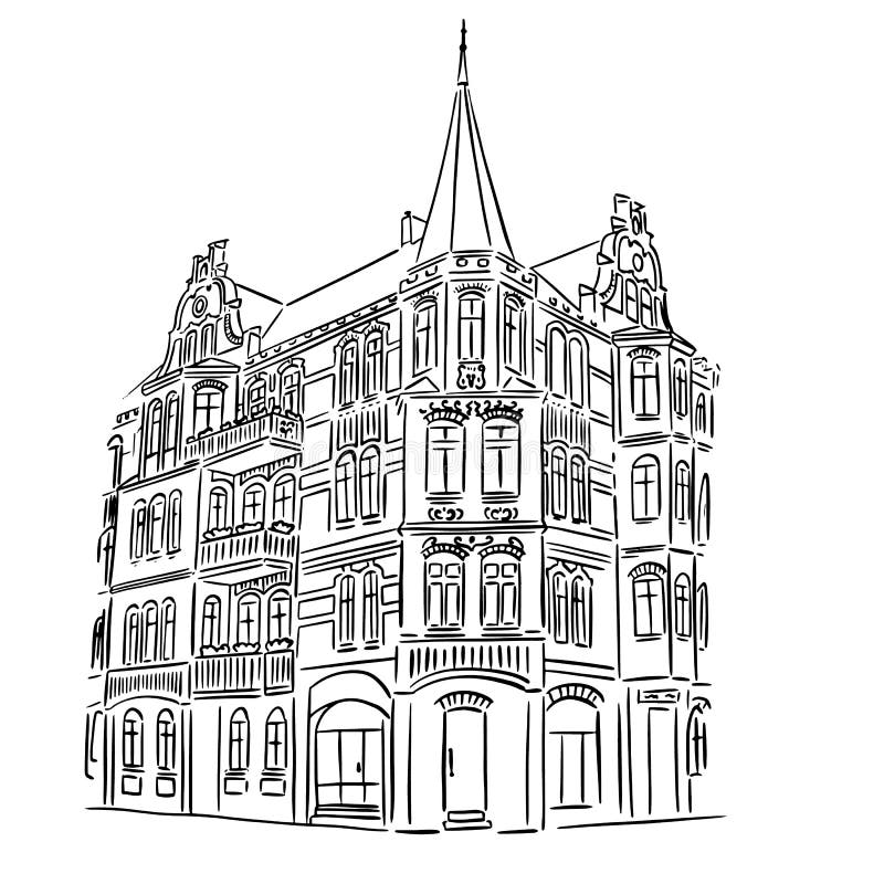 An Old Building Drawn in Perspective. Linear Illustration Stock Vector ...