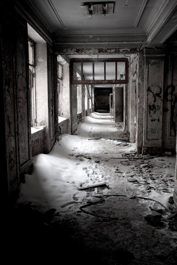 Old Building after Fire in Winter Time with Snow Inside and Broken ...