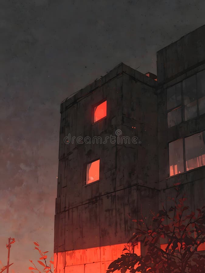 Old Building with a Glowing Red Light Stock Illustration - Illustration ...