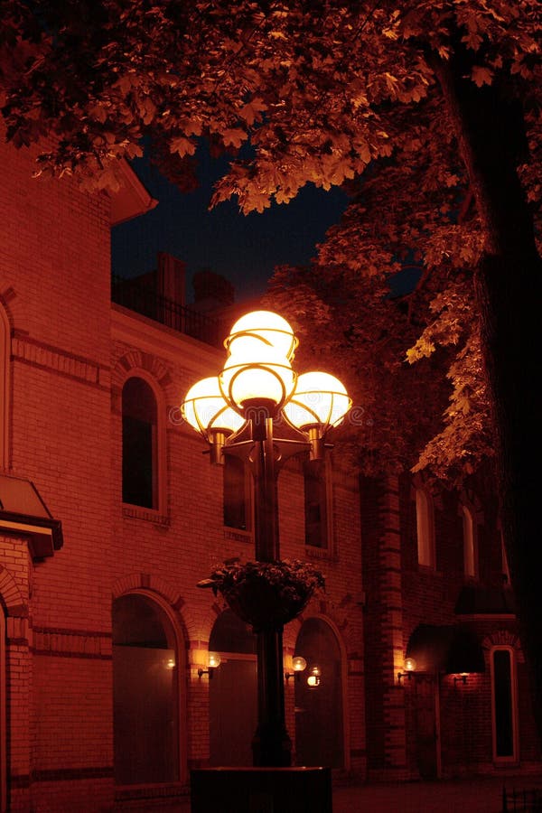Old Building, Street Lamp and Maple Tree at Nigh Stock Image - Image of ...