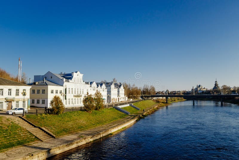 Old Buildings by the River. Reflection of White Houses in the Water ...