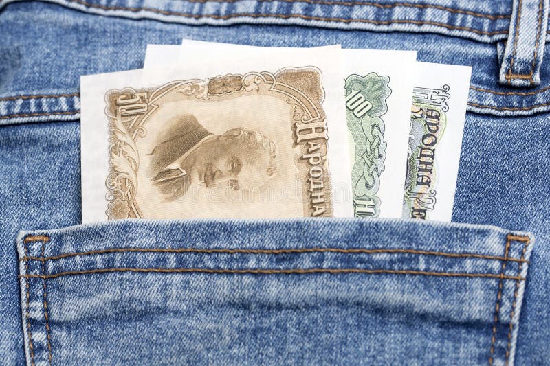 Old Bulgarian Lev in the Pocket of Blue Jeans Stock Image - Image of ...