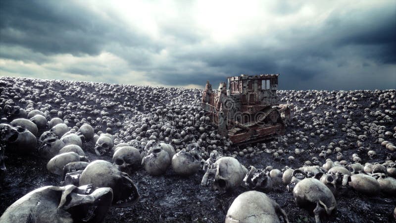 Old Bulldozer and Pile of Skulls. Apocalypse and Hell Concept. 3d ...