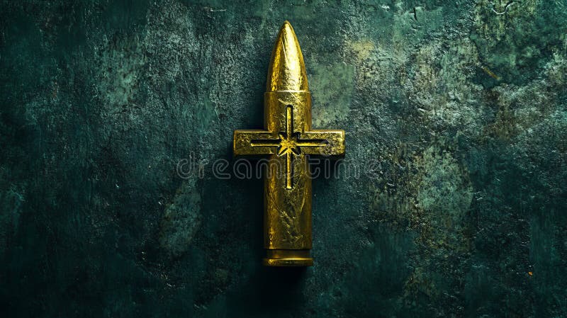 Old Bullet Displaying a Cross Symbol Against a Dark Green Background ...