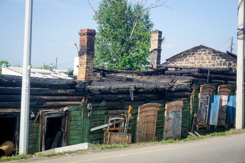 Old Burnt Down Wooden House in Irkutsk Stock Image - Image of ...