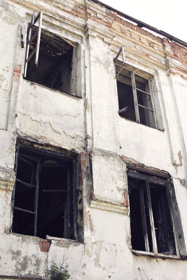 Old Burnt House with Charred Wooden Windows Stock Photo - Image of ...