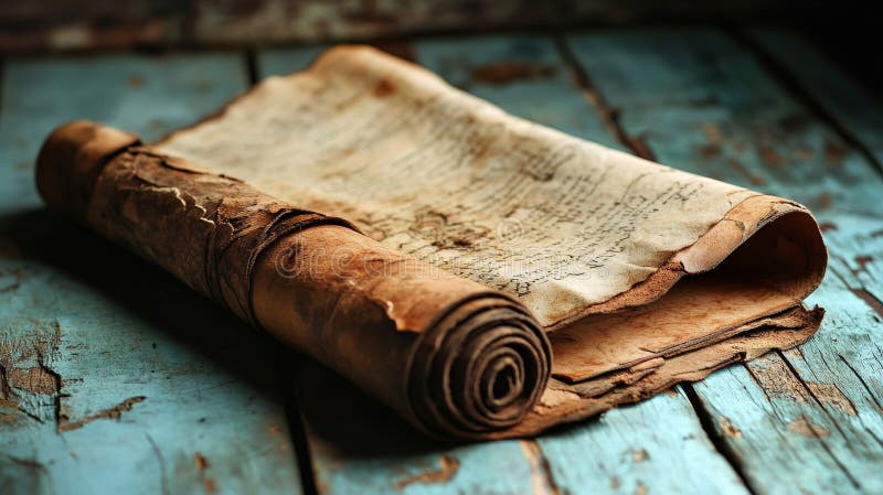 An Old, Burnt Parchment Scroll Lying on a Rustic Wooden Surface Creates ...