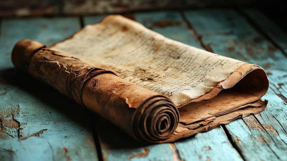 An Old, Burnt Parchment Scroll Lying on a Rustic Wooden Surface Creates ...