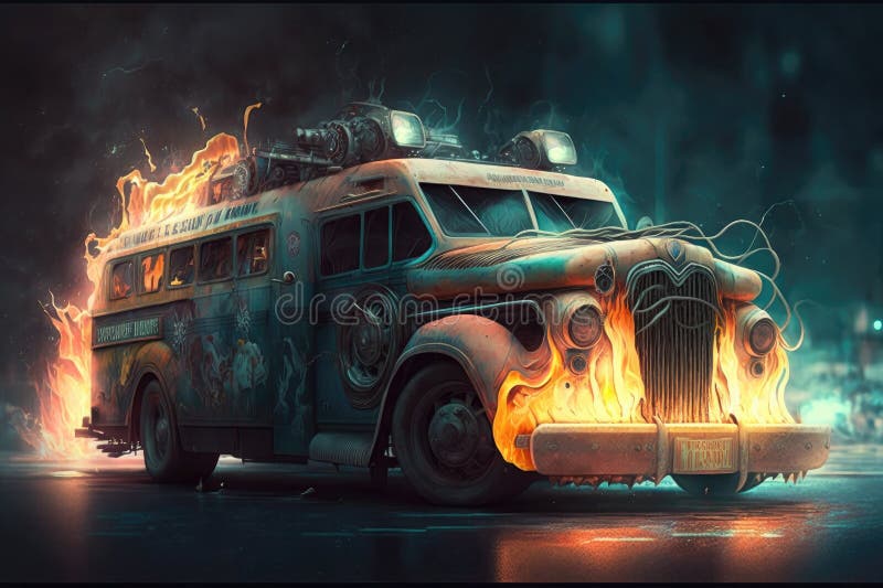 Old Bus Fire Ice Black Background. Generative AI Stock Illustration ...