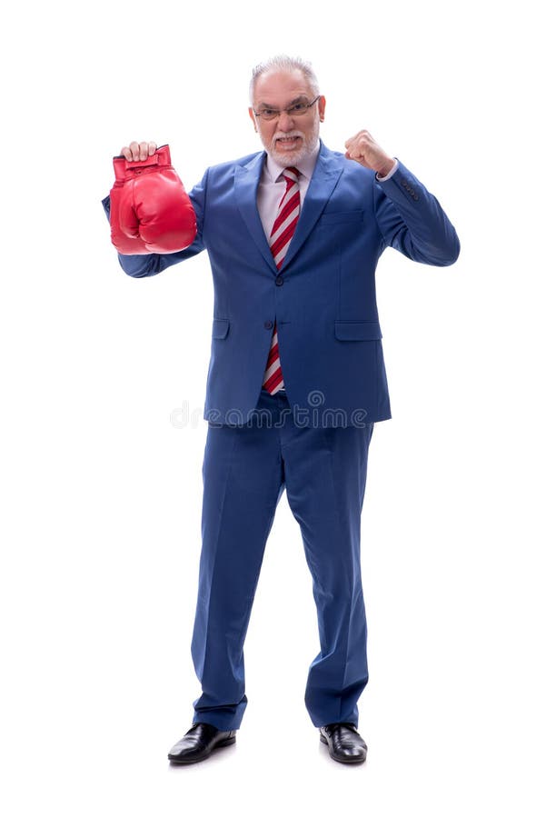 Old Businessman Boxing Isolated on White Stock Image - Image of auditor ...
