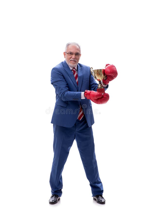 Old Businessman Boxing Isolated on White Stock Image - Image of winning ...