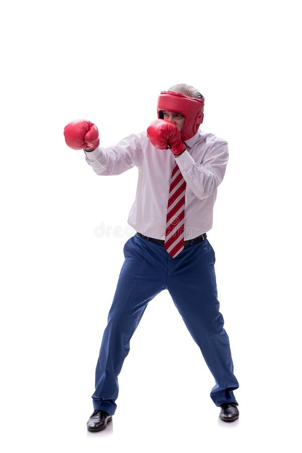 Old Businessman Boxing Isolated on White Stock Image - Image of ...