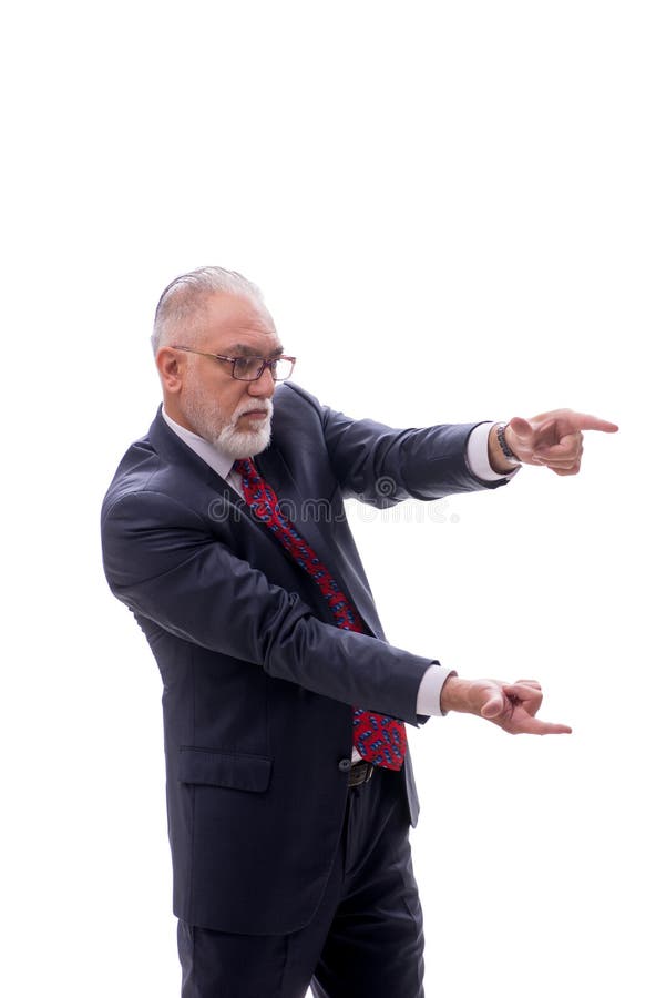 Old Businessman Pressing Virtual Button Isolated on White Stock Photo ...