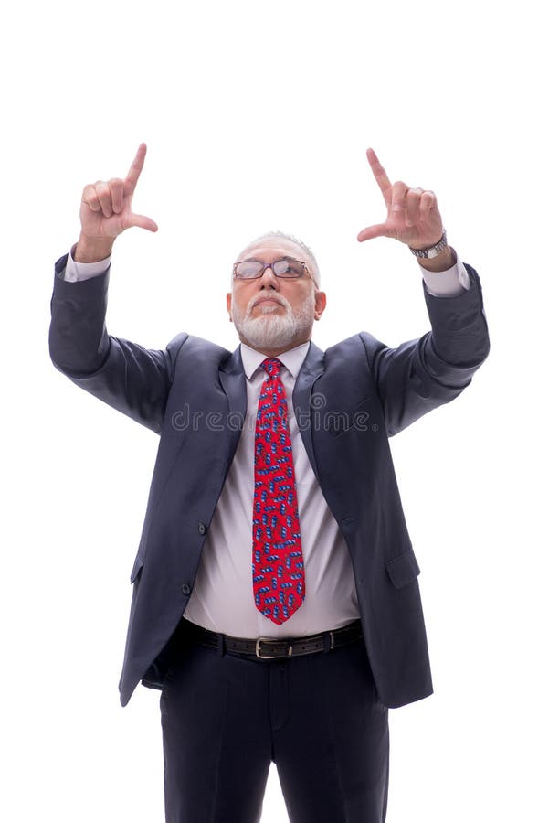 Old Businessman Pressing Virtual Button Isolated on White Stock Image ...