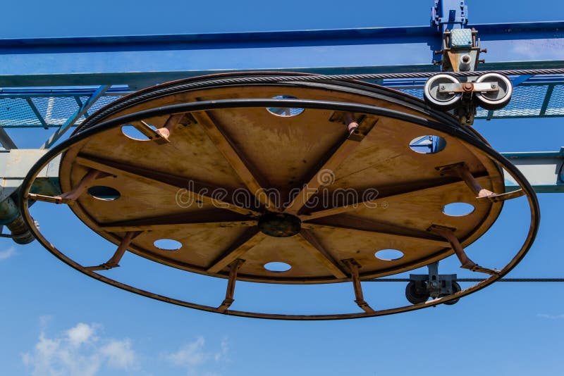 Old Cable Car Round Metal Construction with Circles, Blue Sky Stock ...
